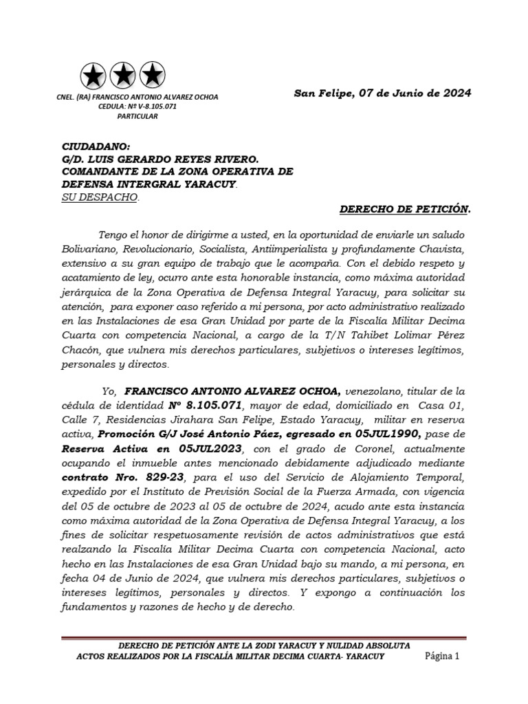 Derecho Peticion Cmdte Zodi | PDF | Bienestar | Debido al proceso