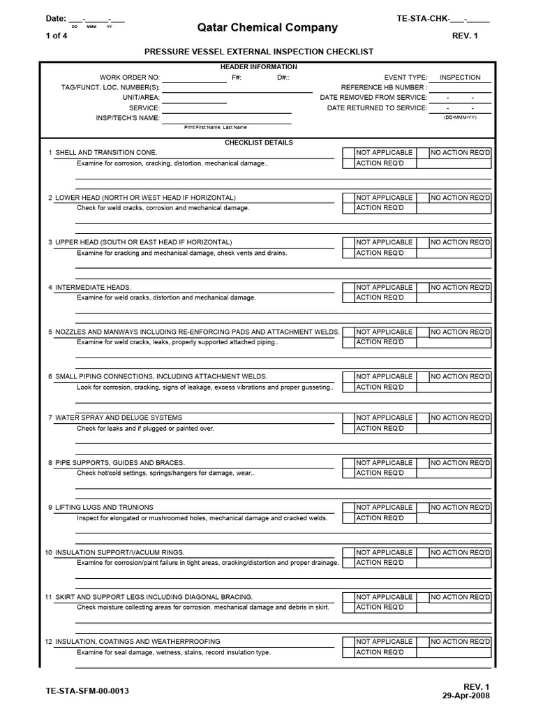 13-Pressure Vessel External Inspection Checklist | PDF | Leak | Valve
