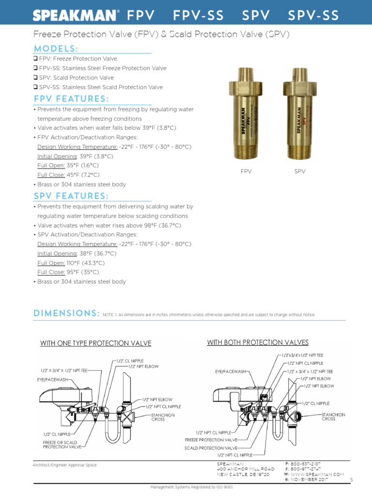 Speakman Spv Specification Sheet | PDF | Valve