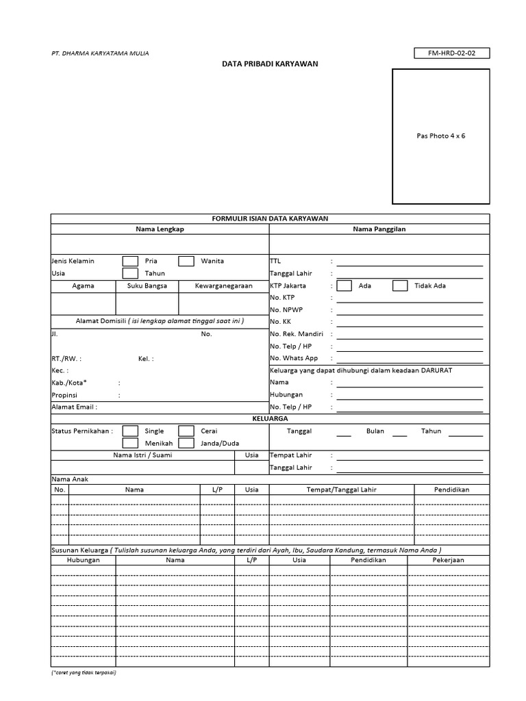 Form Biodata Karyawan | PDF