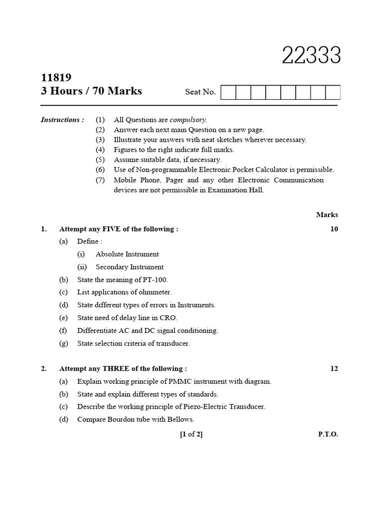 EMI 2019 Sample Question Papers 3 | PDF | Measuring Instrument | Metrology