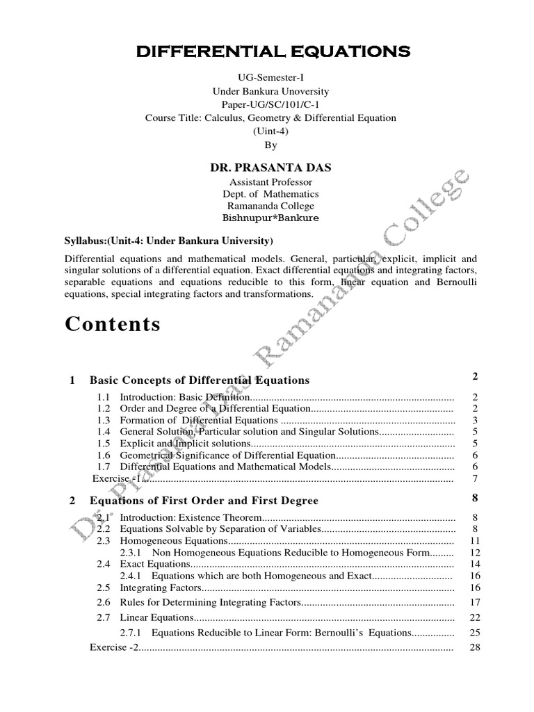 Differential Equation Hons - Dr. Prasanta Das | PDF | Equations ...