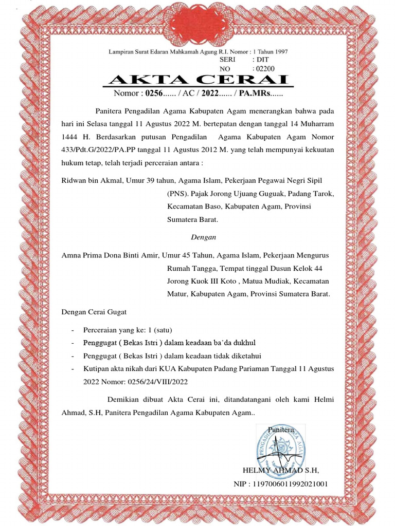 Akta Cerai Ridwan dan Amna 2022 | PDF