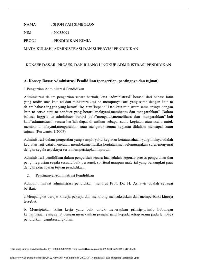 Shofiyah Simbolon 20035091 Administrasi Dan Supervisi Pertemuan 2 PDF ...