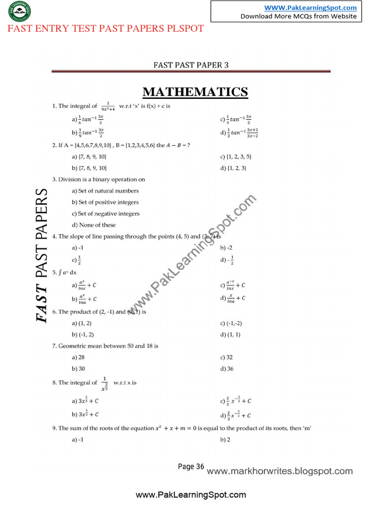 FAST Entry Test Past Papers Download | PDF