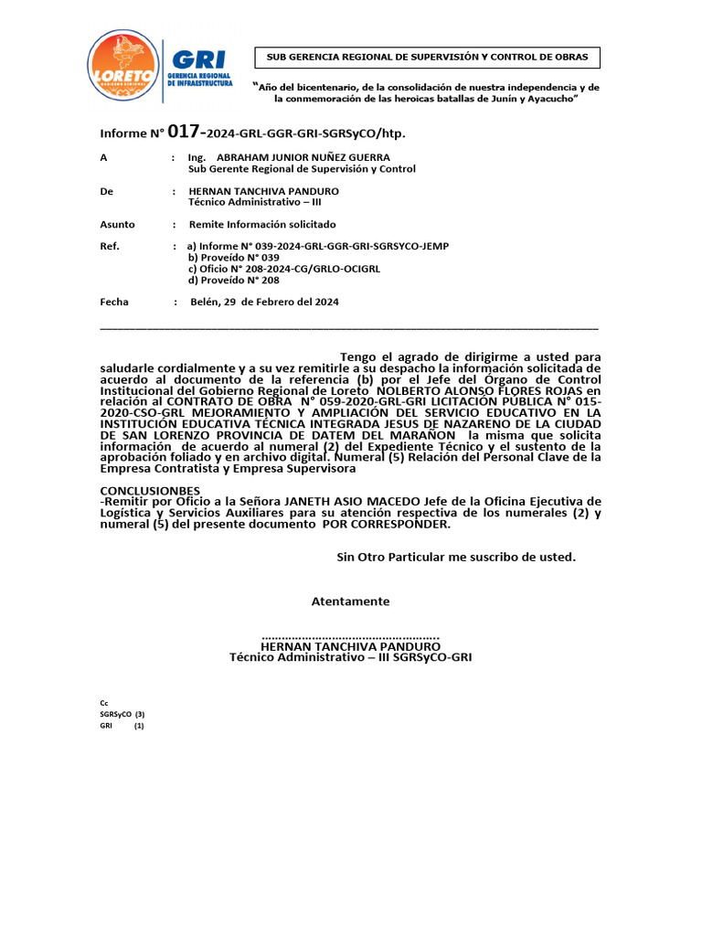 INFORME N°017-2024-GRL-GRI-SGSyC-htp-JESUS NAZARENO LOGISTICA | PDF