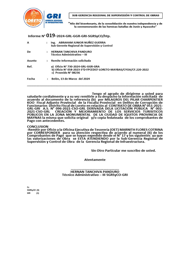 INFORME N°019-2024-GRL-GRI-SGSyC-htp-ZONA MONUMENTAL | PDF