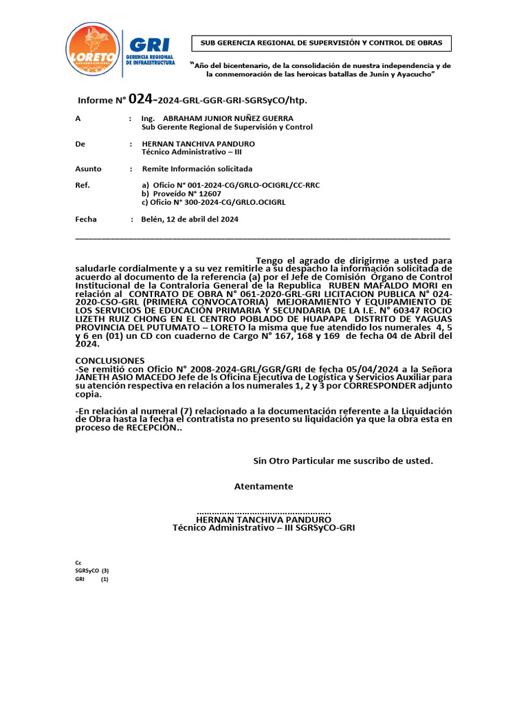 INFORME N°024-2024-GRL-GRI-SGSyC | PDF