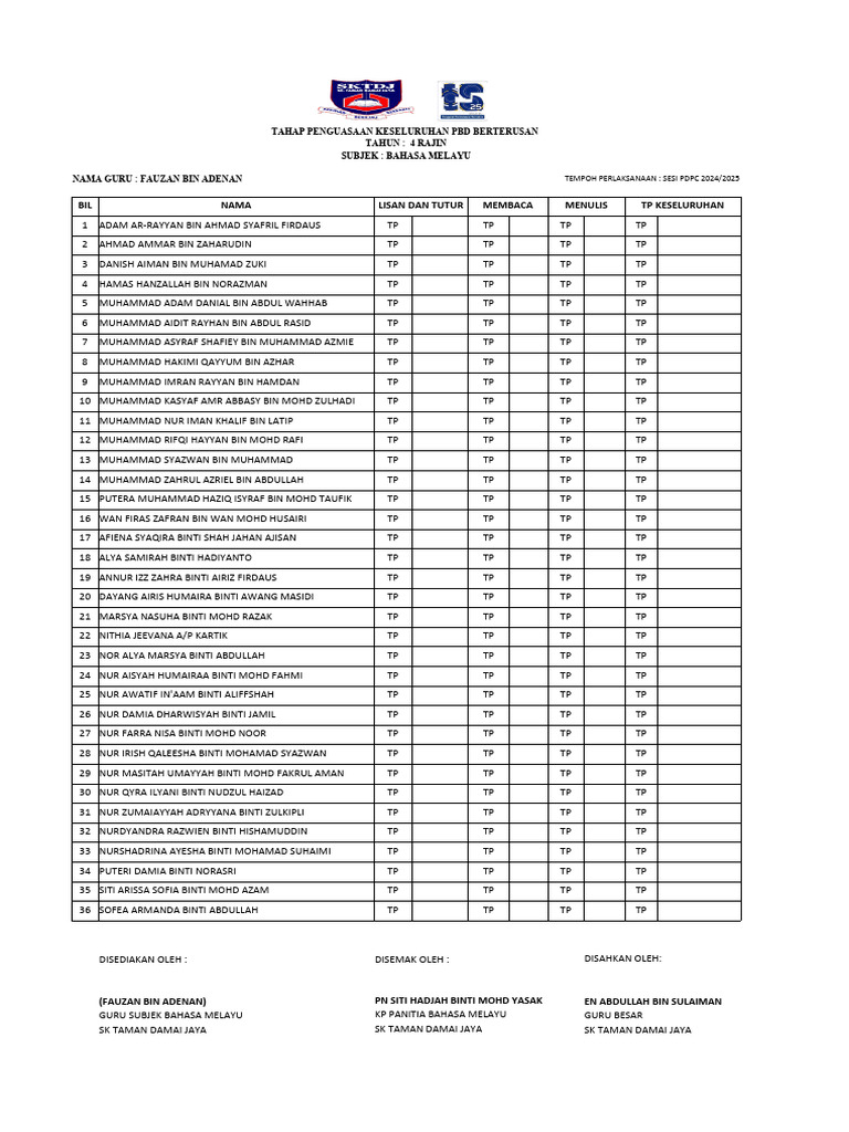 Borang TP Keseluruhan PBD BM SKDJ 2024 | PDF