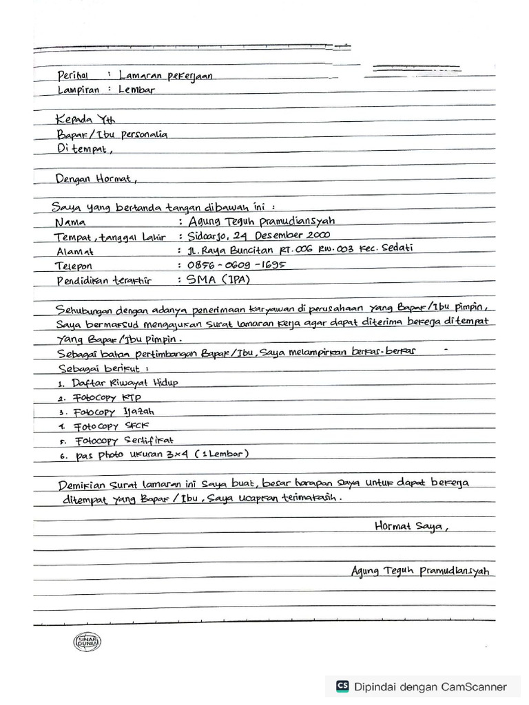 Lamaran Kerja Agung Teguh | PDF