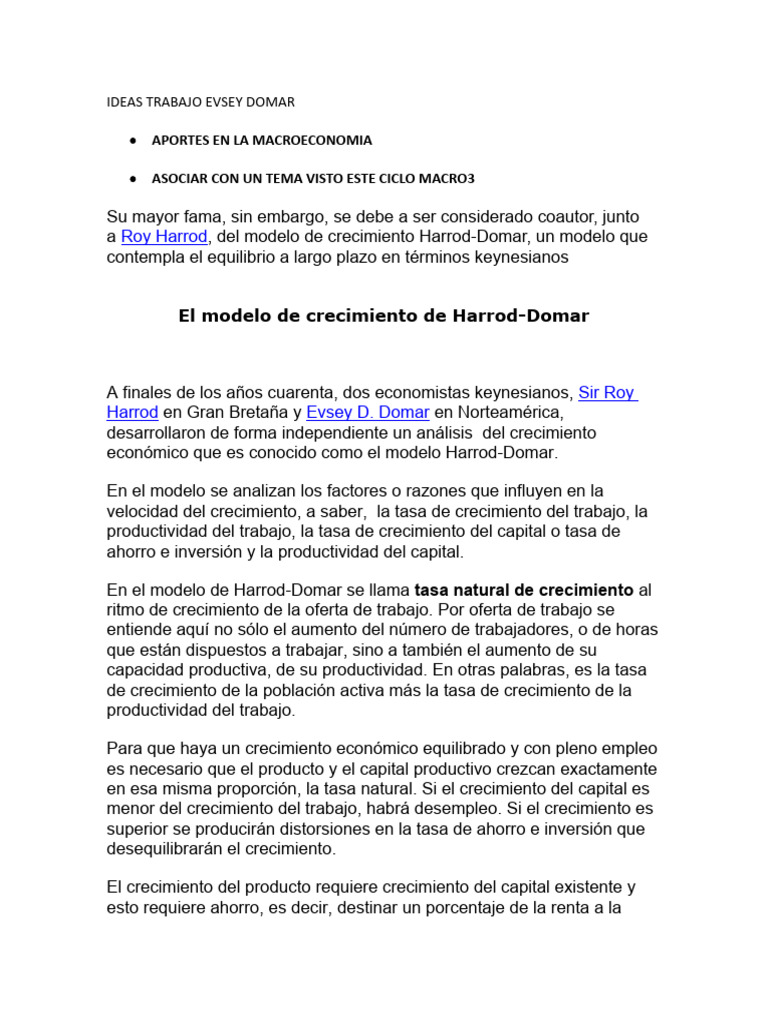 Ideas Trabajo Evsey Domar | PDF | Macroeconómica | Ciencias económicas