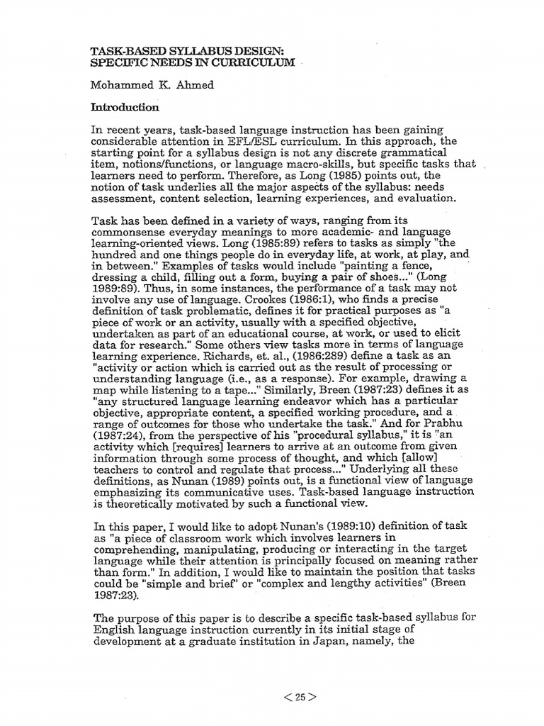 Task-Based Syllabus Design:: Specific Needs Curriculum Mohammed K. Ahmed In㎞dUC櫨on | PDF ...