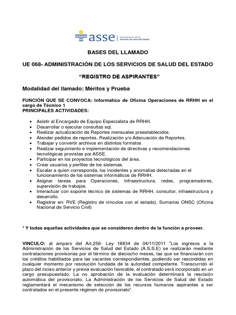 Bases Llamado Informatico de Operaciones RRHH - U.E. 068 | PDF | Negocios | Finanzas y dinero