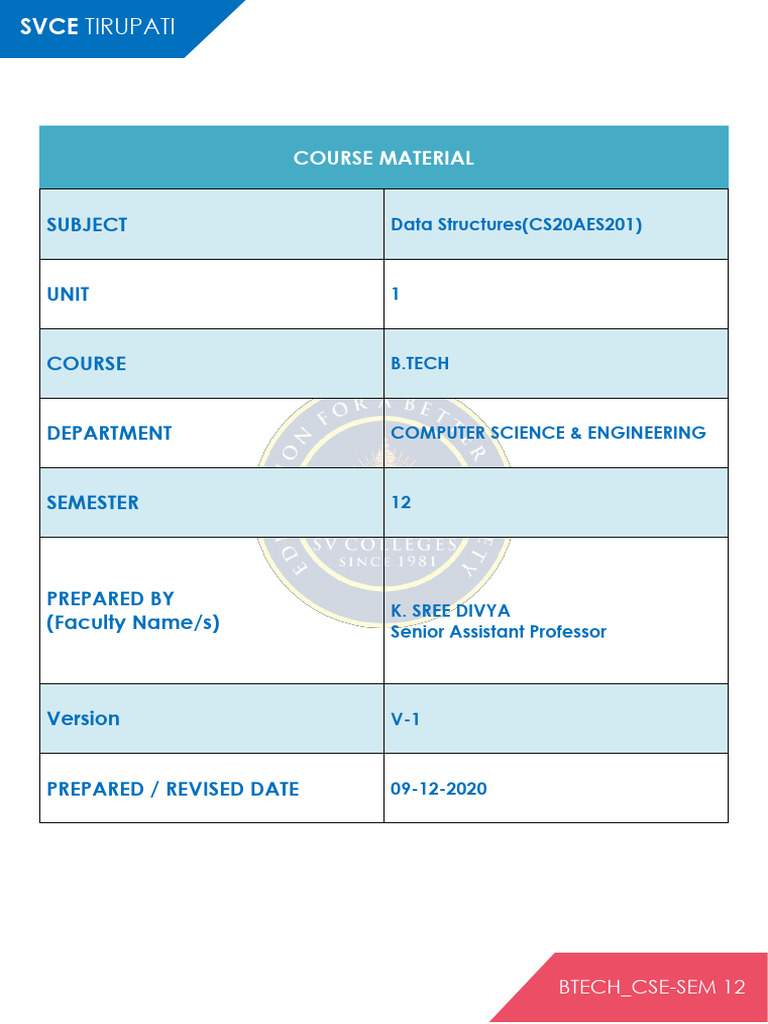 DS Course Material Unit-1 | PDF | Variable (Computer Science) | Data Type