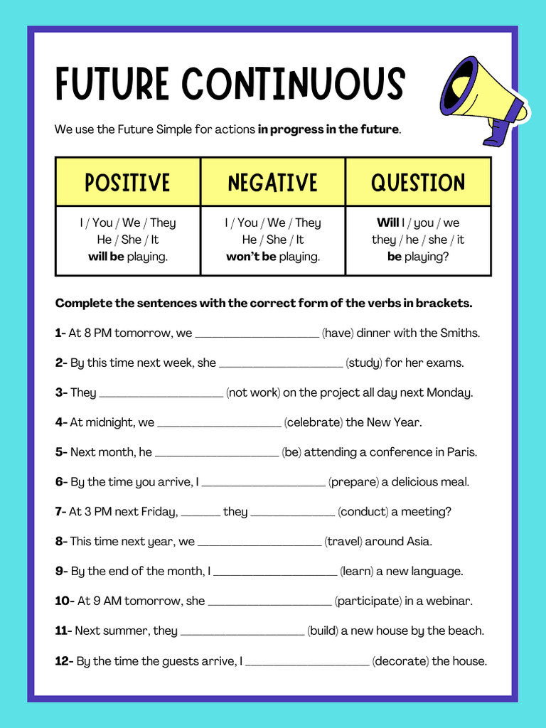Future Continuous Worksheet in Blue Yellow Retro Style | PDF