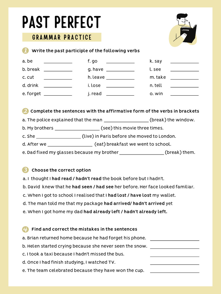 White Pastel Yellow Past Perfect Grammar Practice Worksheet | PDF ...