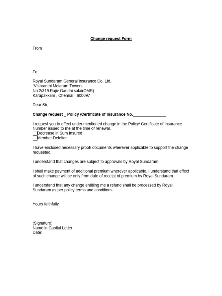 Change Request Form - Sum Insured Decrease & Deletion | PDF | Mental ...