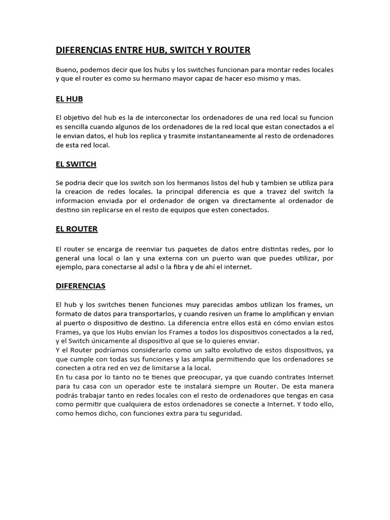 Diferencias Entre Hub Switch y Router | PDF | Hogar, jardinería y ...