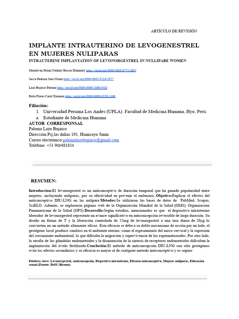 Eficacia del DIU-LNG en Nulíparas | PDF | Control de la natalidad ...