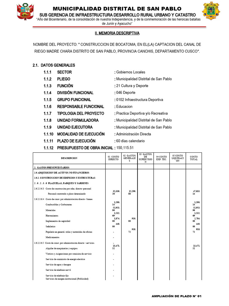 Ii. Memoria Descriptiva de La Ampl - Plazo N°01 | PDF | Presupuesto