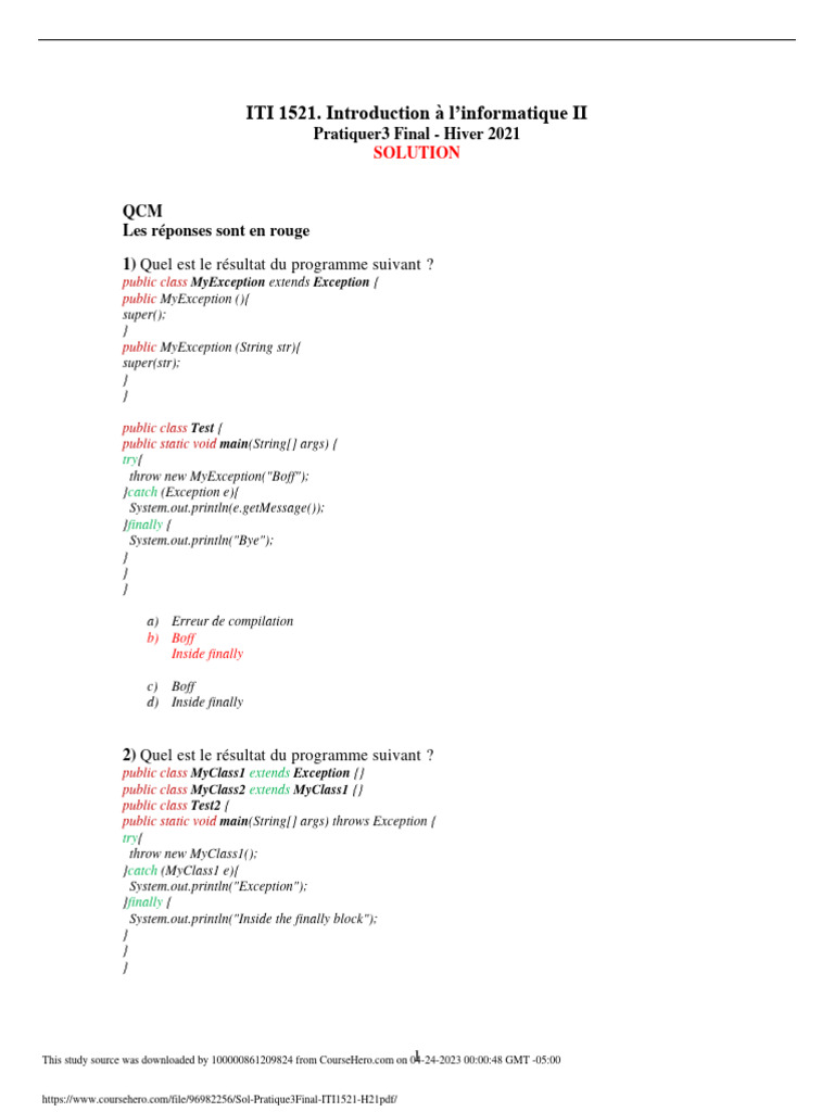 Solutions QCM Informatique II Hiver 2021 | PDF | Programmation ...