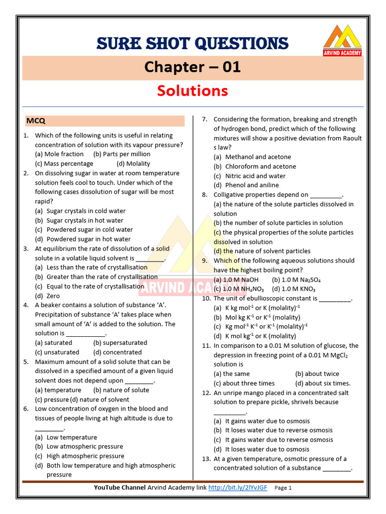 Chemistry Arvind Academy | PDF | Osmosis | Solubility