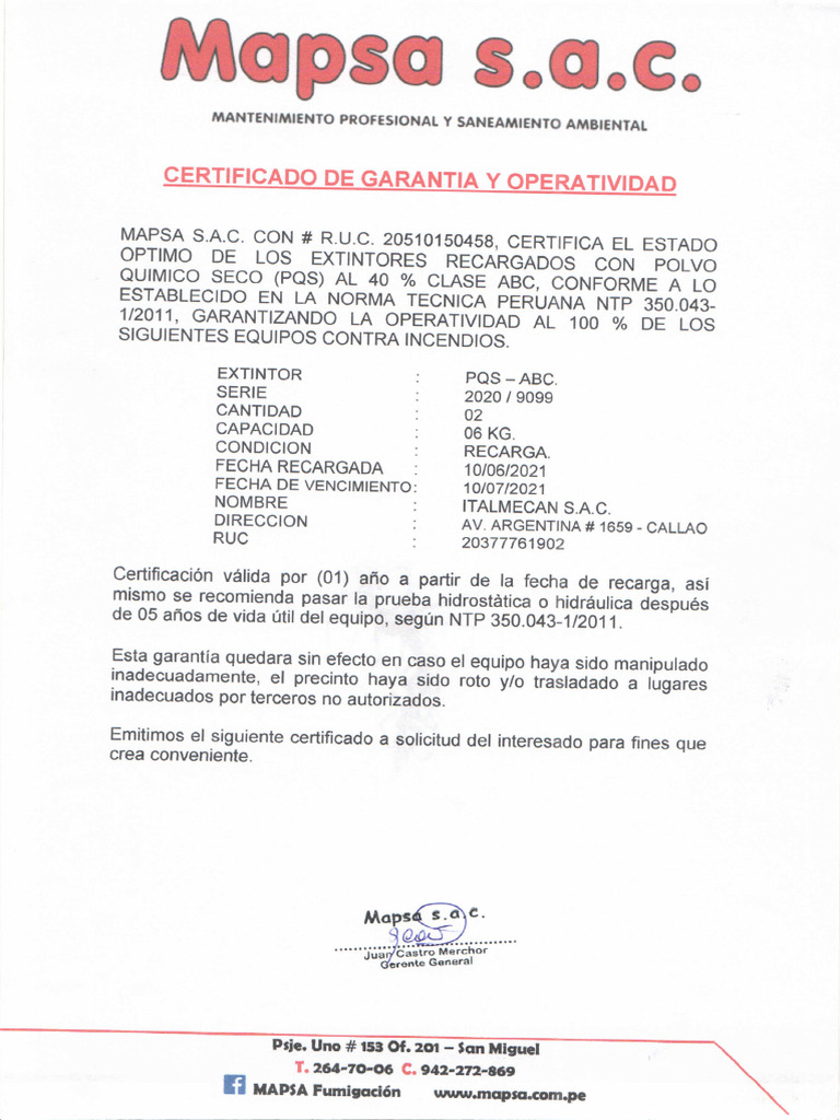 Certificados Extintores Mapsa | PDF