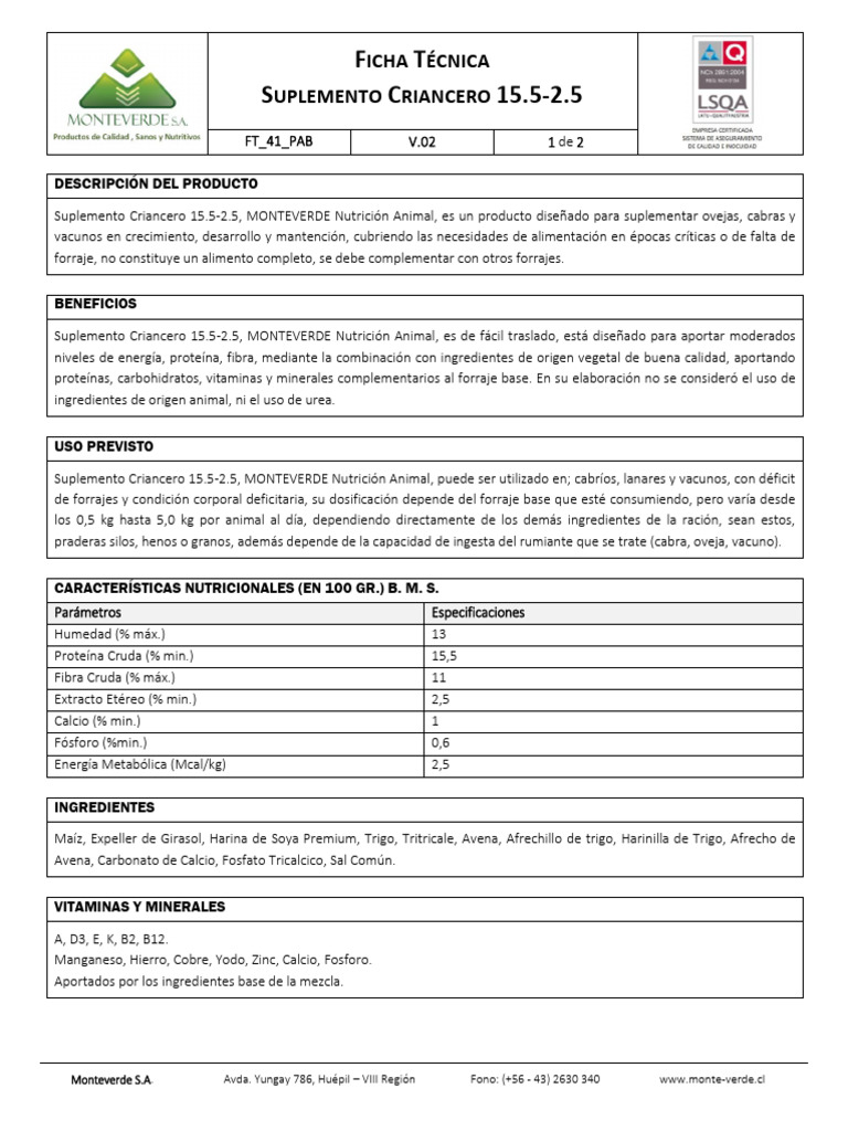 FT - 41 - PAB Suplemento Criancero 15.5 2.5 | PDF | La alimentación animal | Nutrición