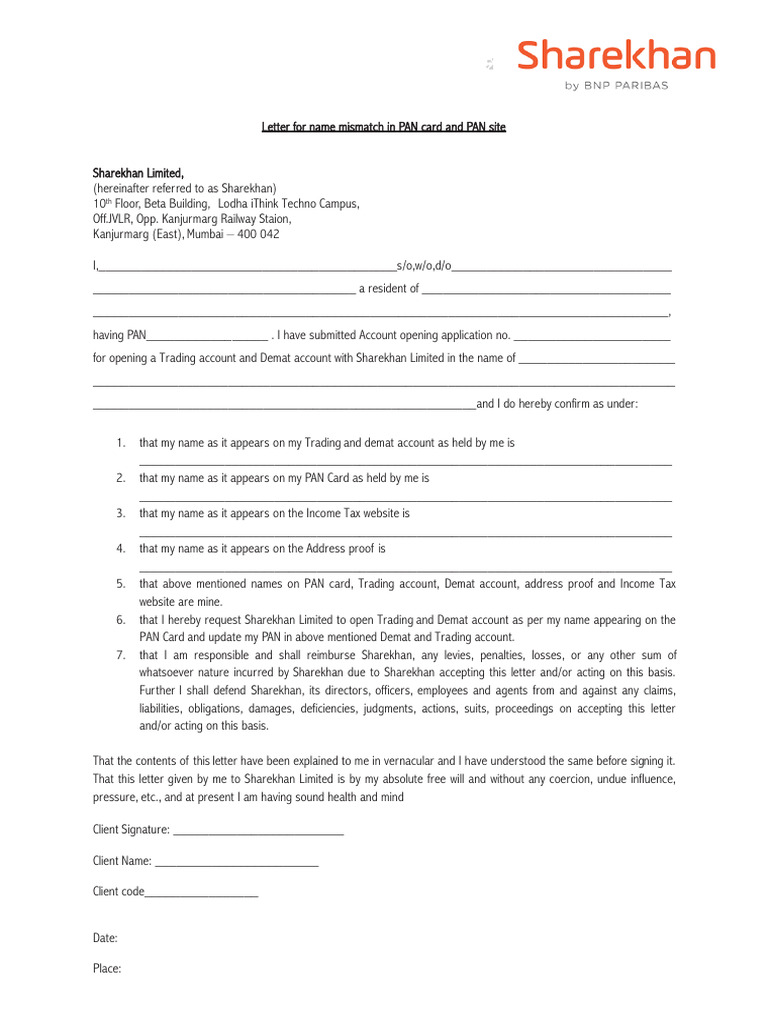 PAN Card Name Mismatch Letter Template | PDF | Taxation | Payments