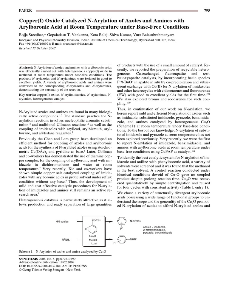 Copper (I) Oxide Catalyzed N-Arylation of Amines With Arylboronic Acids ...