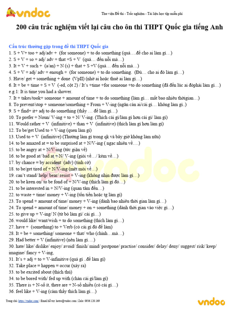 200 Cau Trac Nghiem Viet Lai Cau Cho On Thi THPT Quoc Gia Mon Tieng Anh Co Dap An | PDF | Cost ...