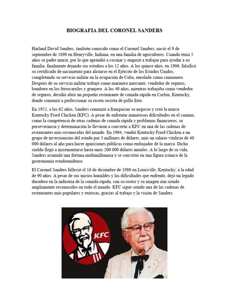 Biografía del Coronel Sanders y KFC | PDF | Viajes y turismo