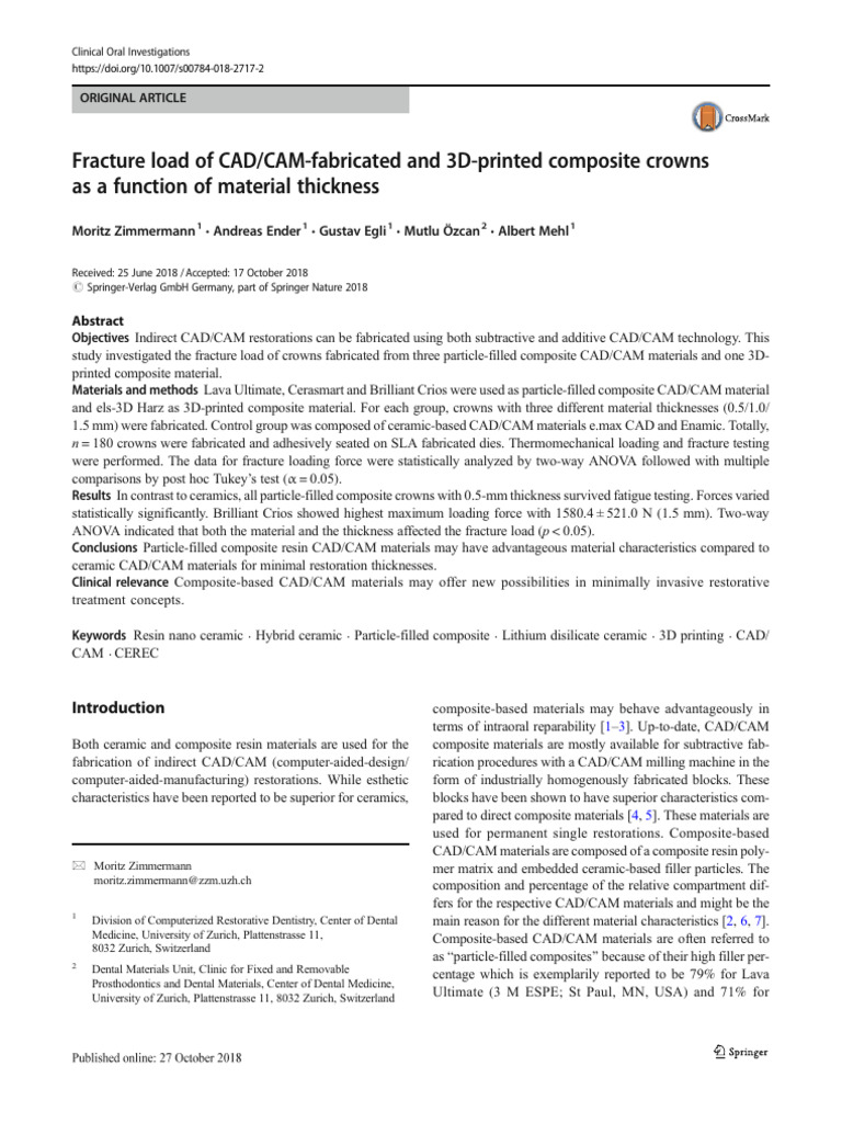 Fracture Load of CADCAM Fabricated and 3D Printed Composite Crowns As A ...