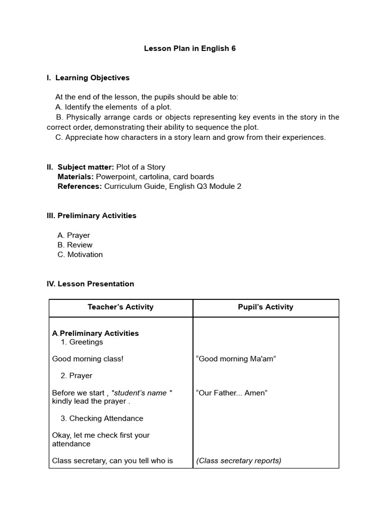 Lesson Plan in English 6 | PDF | Plot (Narrative) | Lesson Plan