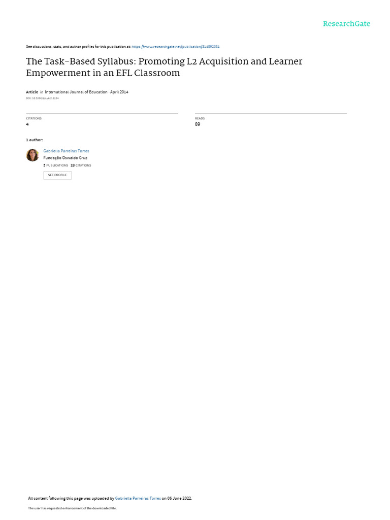The Task-Based Syllabus Promoting L2 Acquisition A | PDF | Second ...