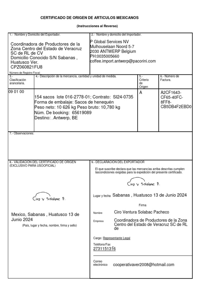 Certificado - Origen Forma A1 | PDF