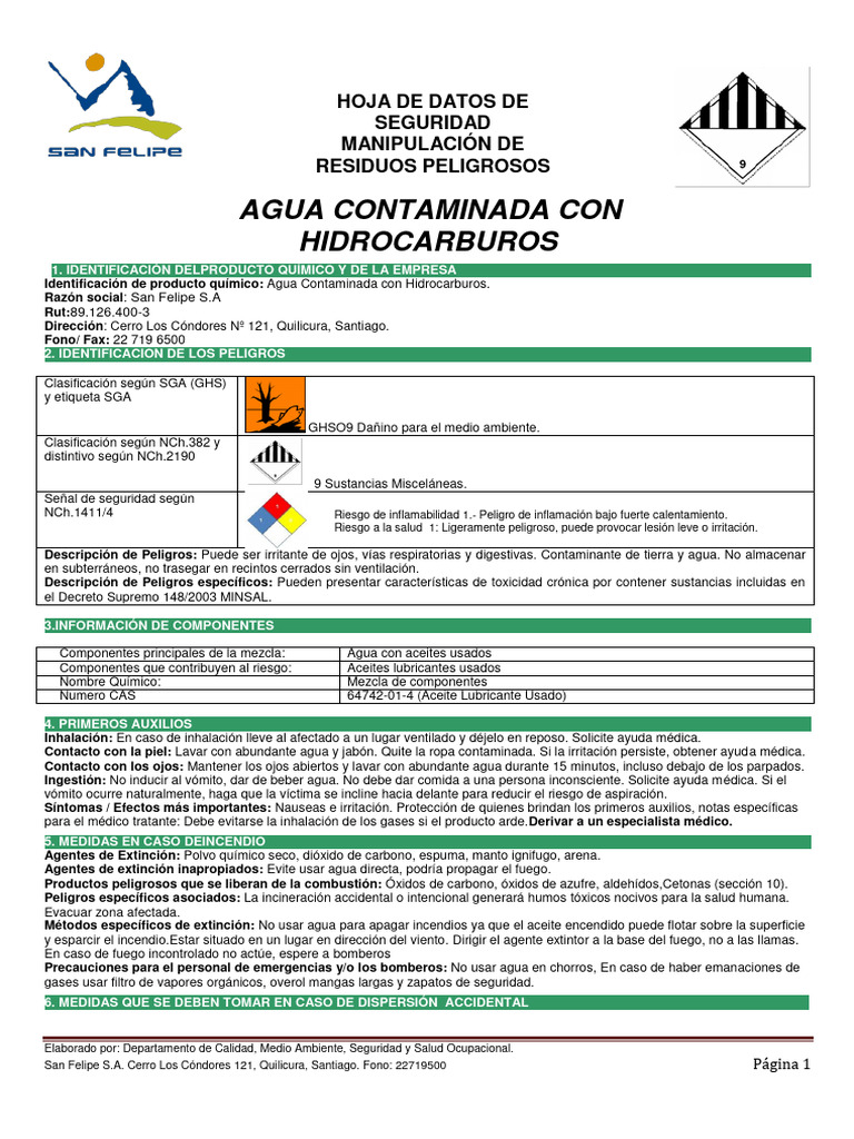 Hoja de Seguridad: Agua Contaminada con Hidrocarburos | PDF | Agua ...