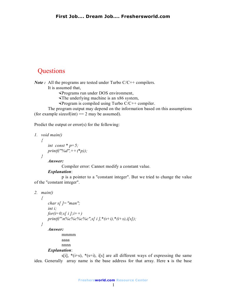 Freshersworld.com guide to predicting C program output | PDF | Pointer ...