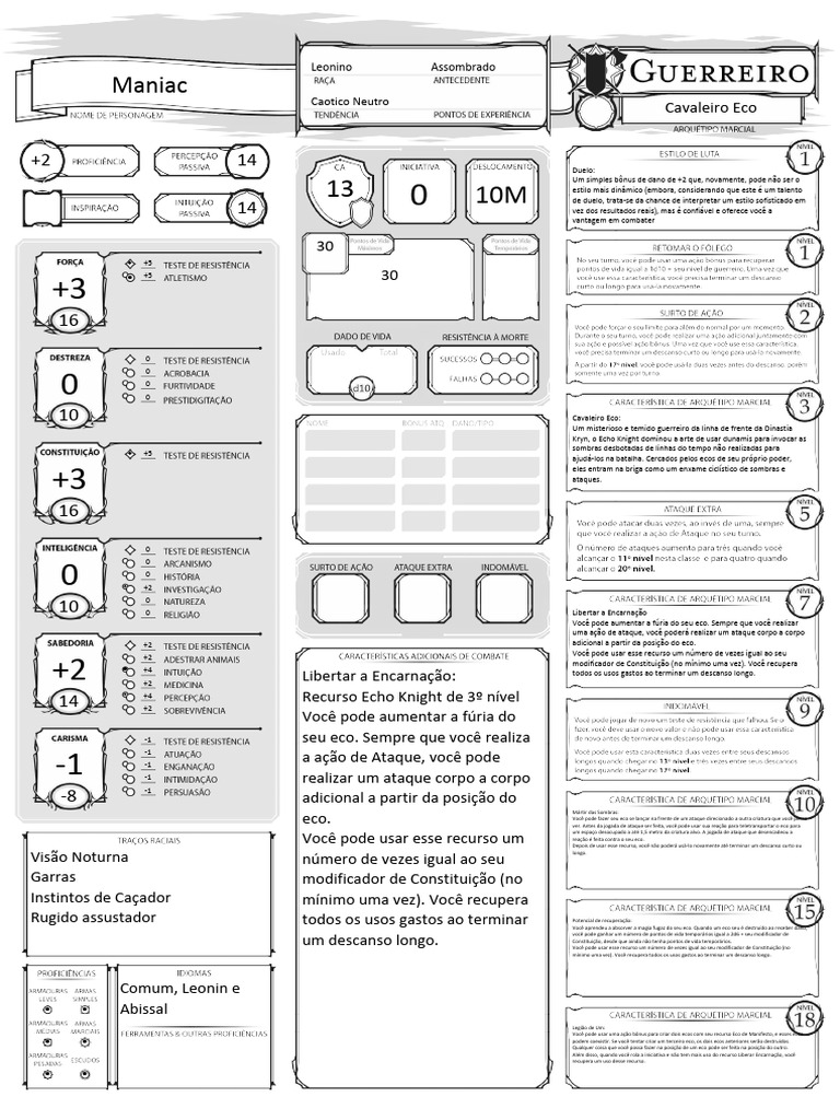 DND 5e - Ficha - Guerreiro Echo Maniac | PDF