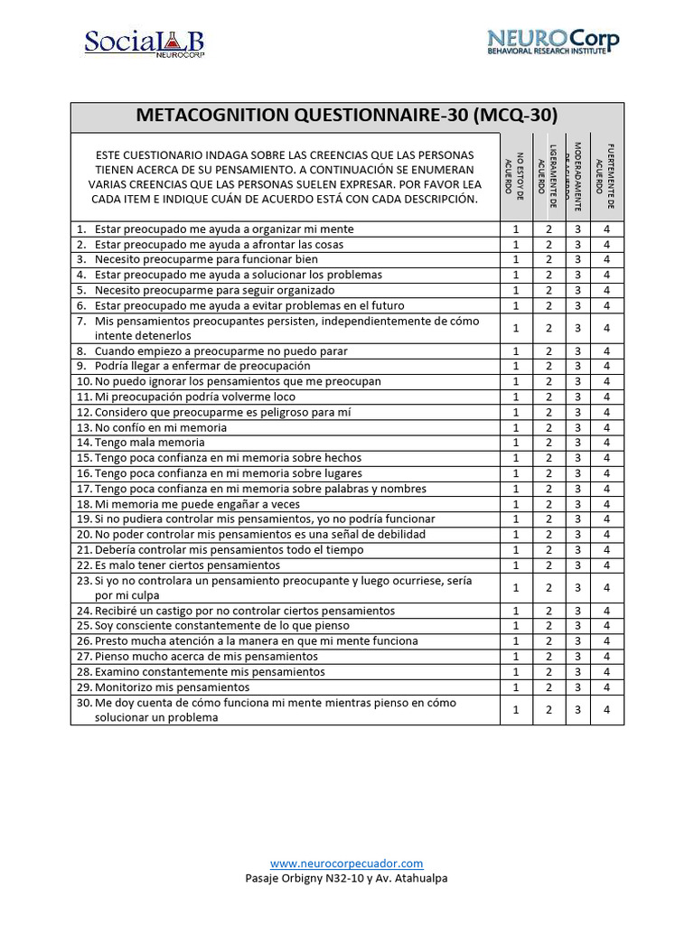 Metacognition Questionnaire Pdf Metacognición Sicología