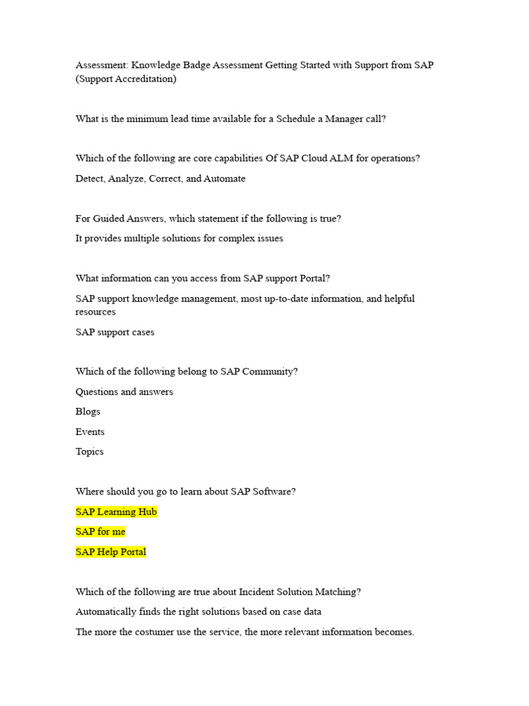 Assessment Knowledge Badge Assessment Getting Started With Support From SAP | PDF | Cloud ...