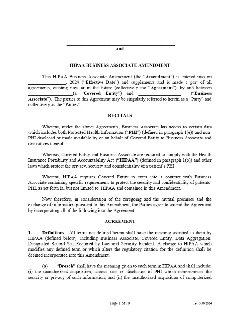 Business Associate Agreement Template | PDF | Health Insurance ...