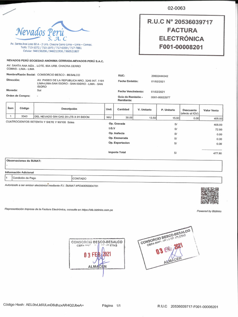 02-2021-0063 Fact F001-00008201 - NEVADOS PERU - Sustento | PDF