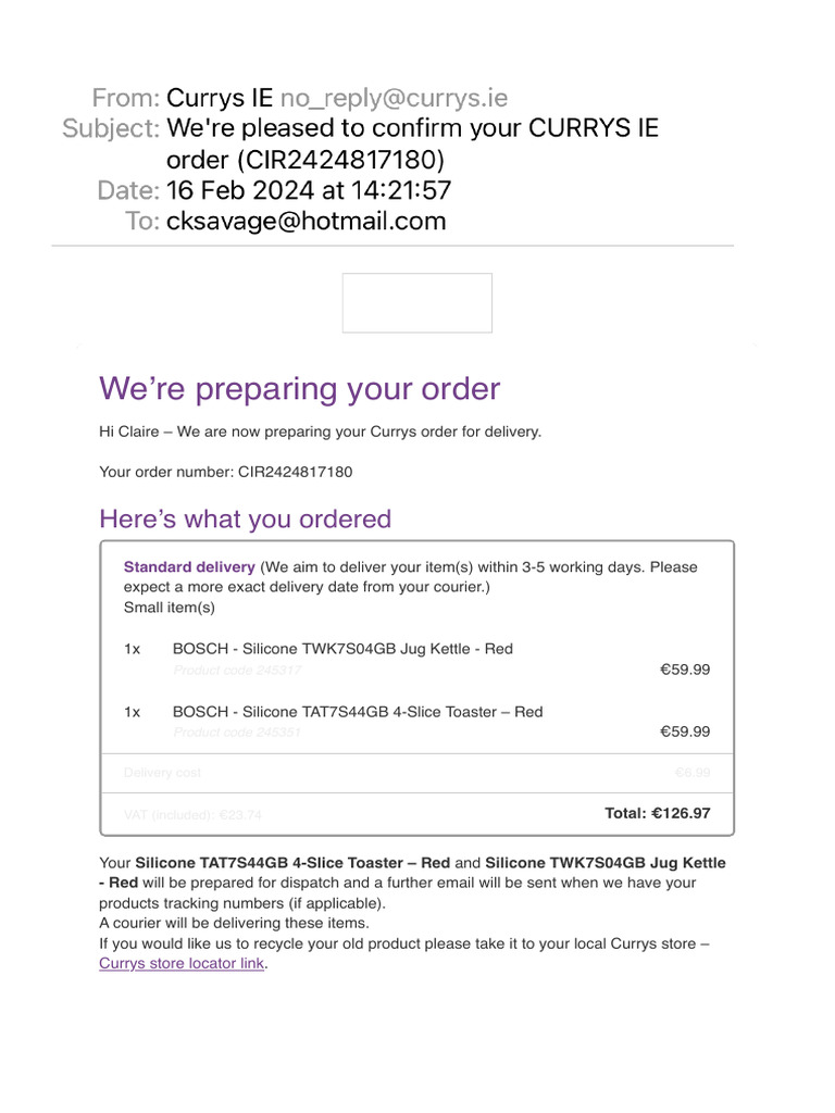 We'Re Pleased To Confirm Your CURRYS IE Order (CIR2424817180) | PDF ...