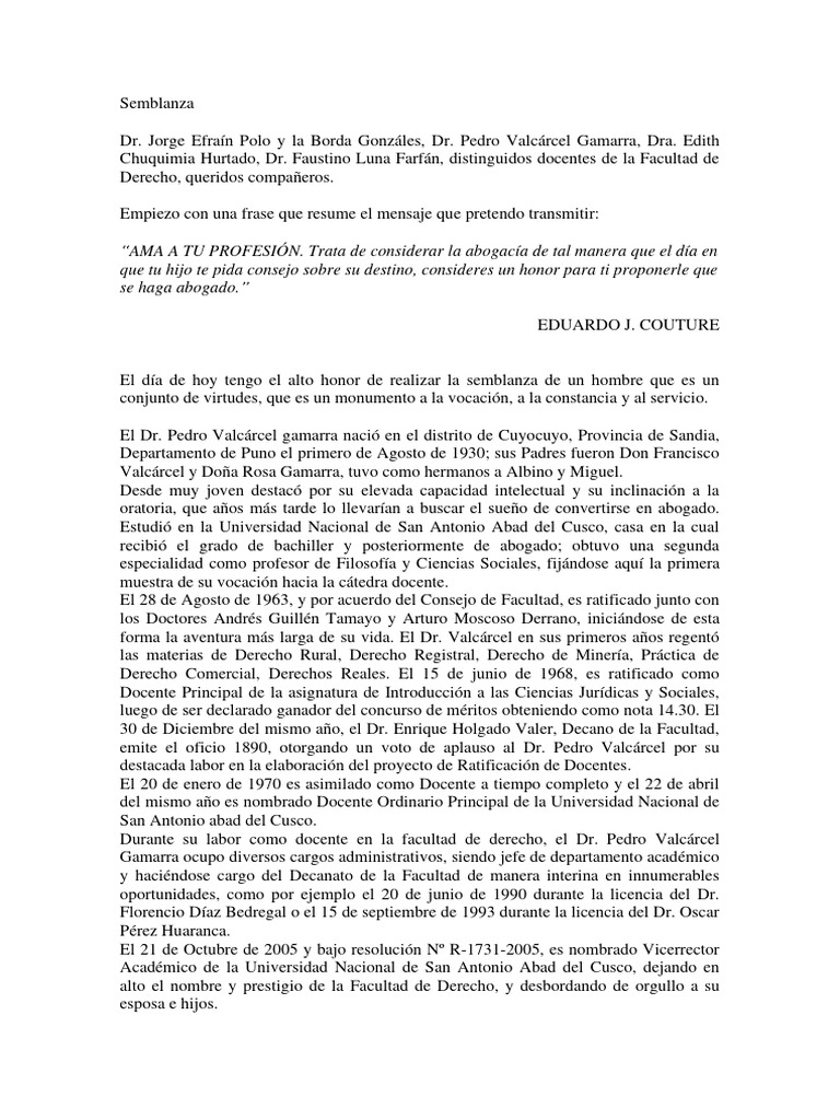 Semblanza Del Doctor Pedro Valcárcel Gamarra | PDF | Doctorado | Maestros