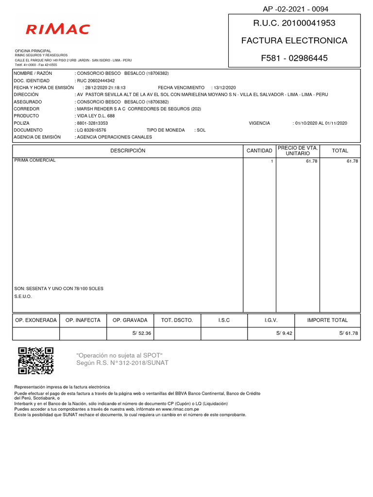 Factura Electrónica RIMAC Vida Ley | PDF | Industrias de servicio | Bancario