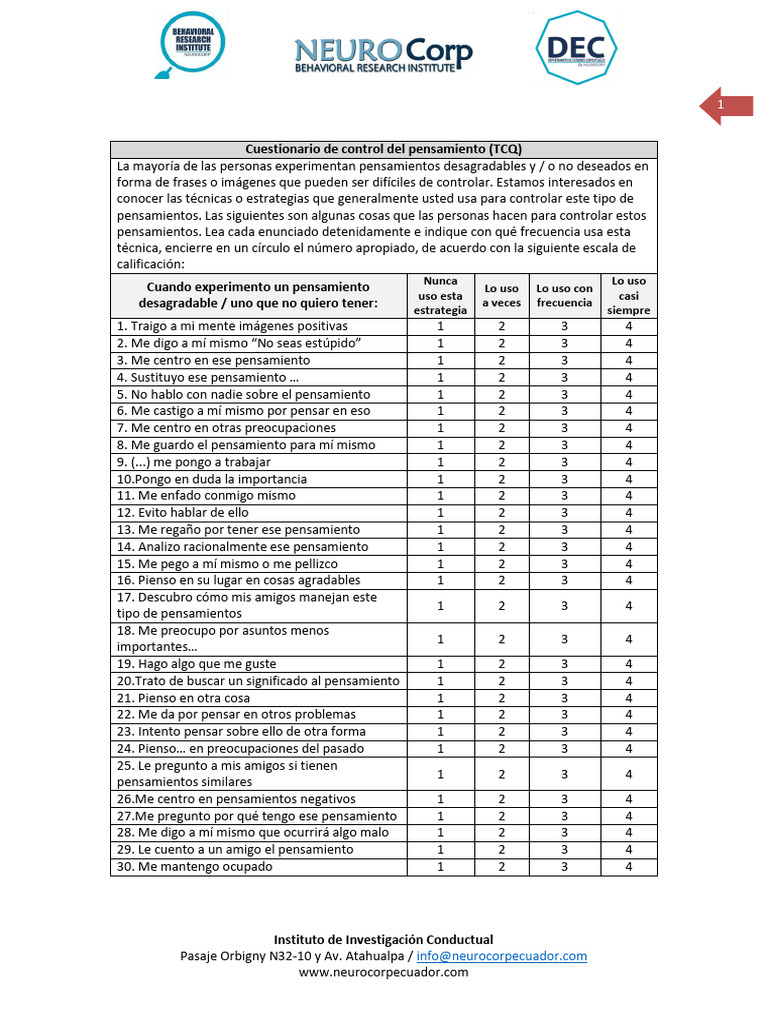 Cuestionario de Control Del Pensamiento (TCQ) | PDF | Pensamiento