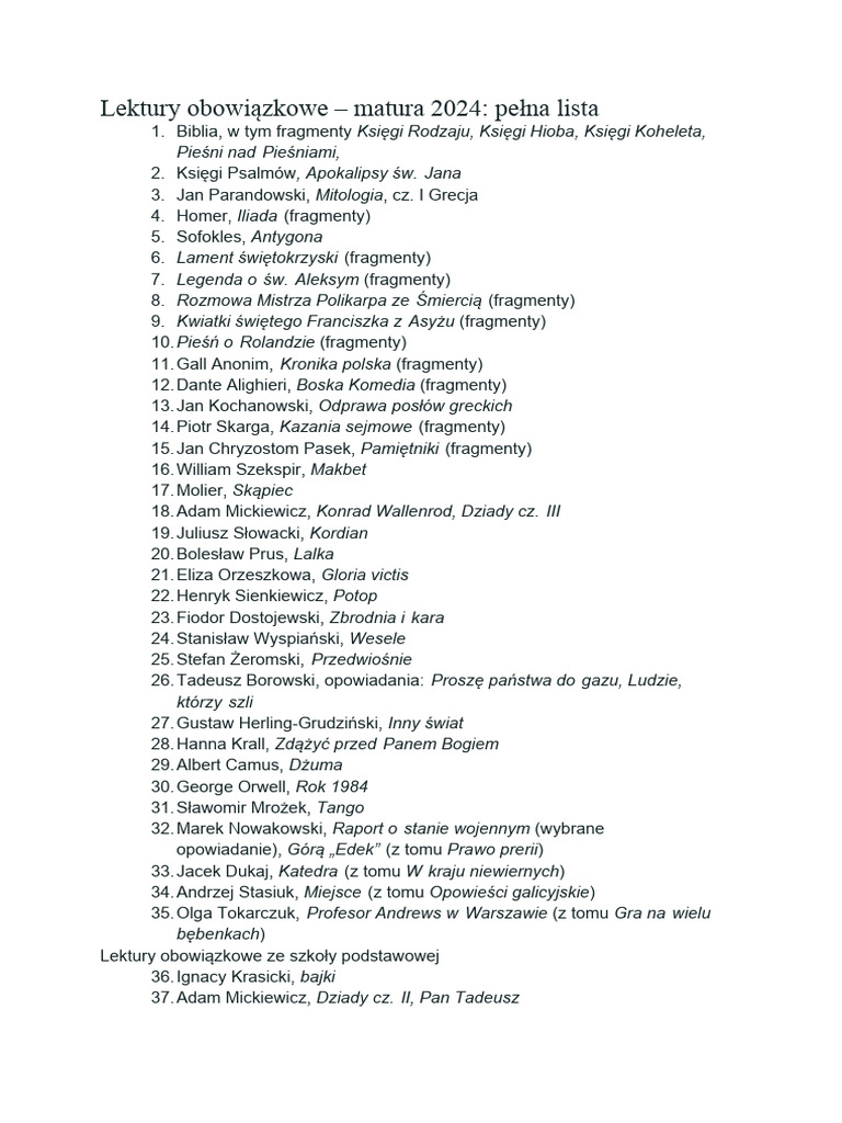 Lektury Obowiązkowe Matura 2024 | PDF
