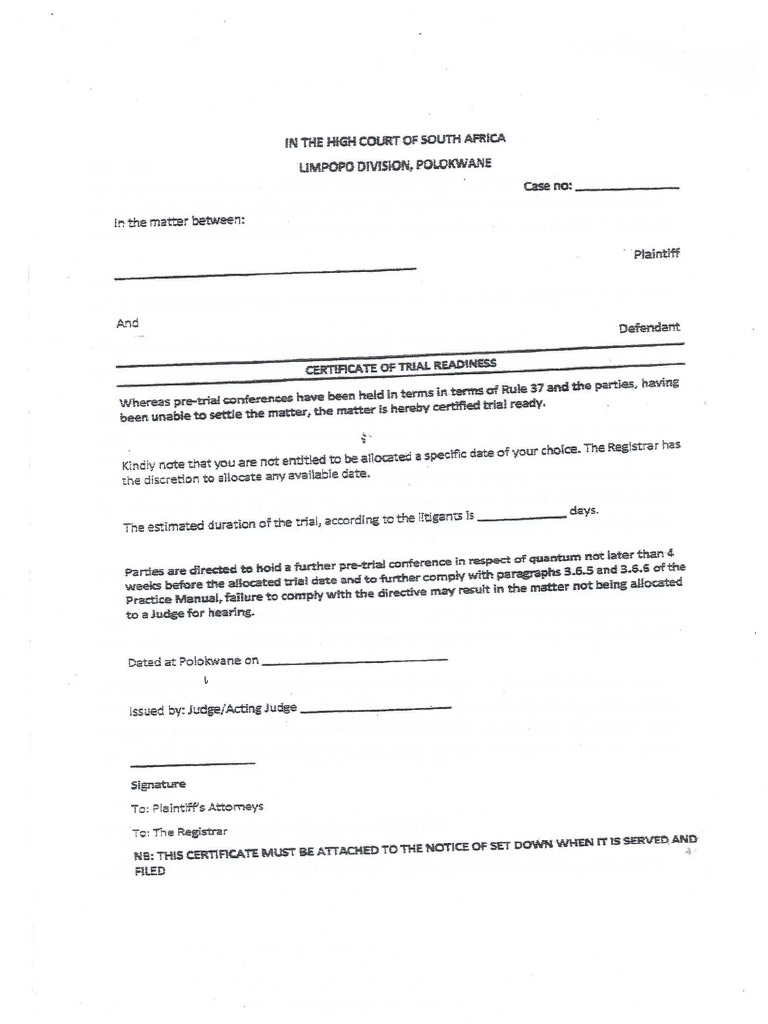 Cert of Trial Readiness | PDF