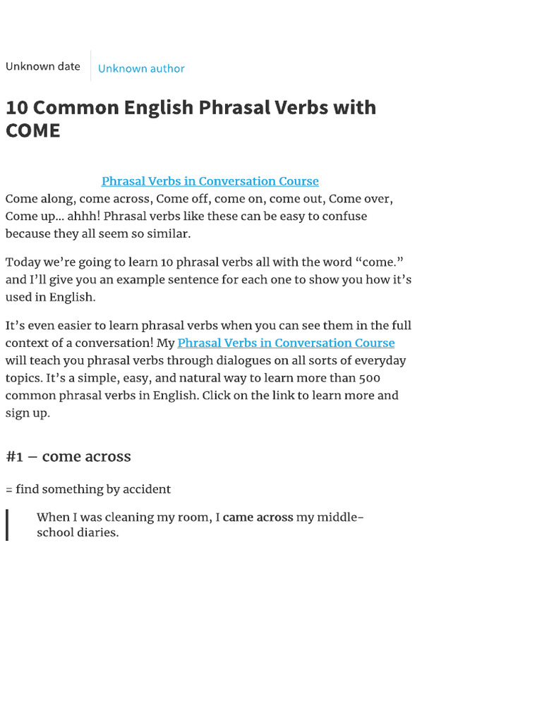 10 Common English Phrasal Verbs With COME | PDF